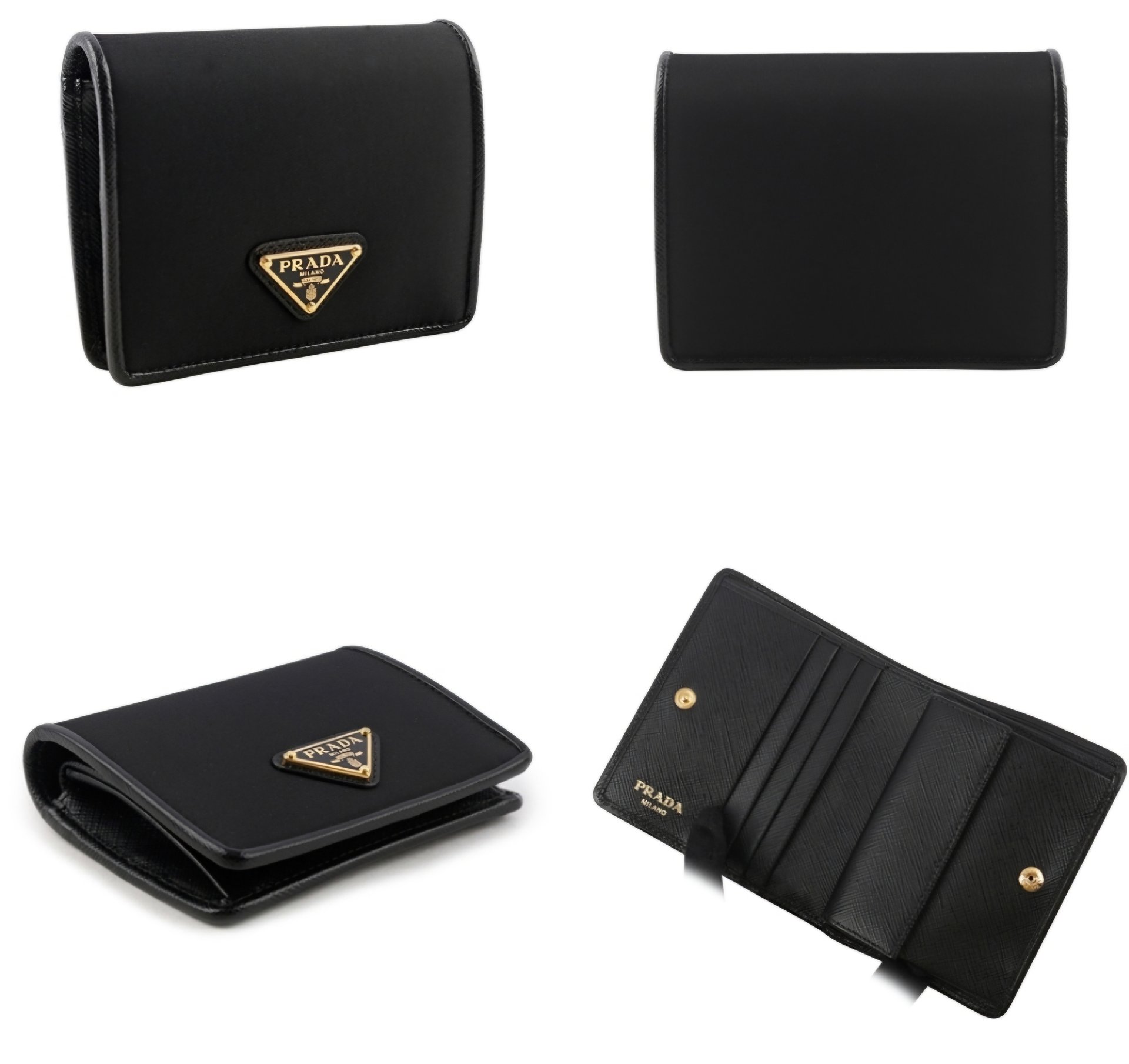 Prada Outlet Leather Nylon triangle logo bi-fold W... | Everuts