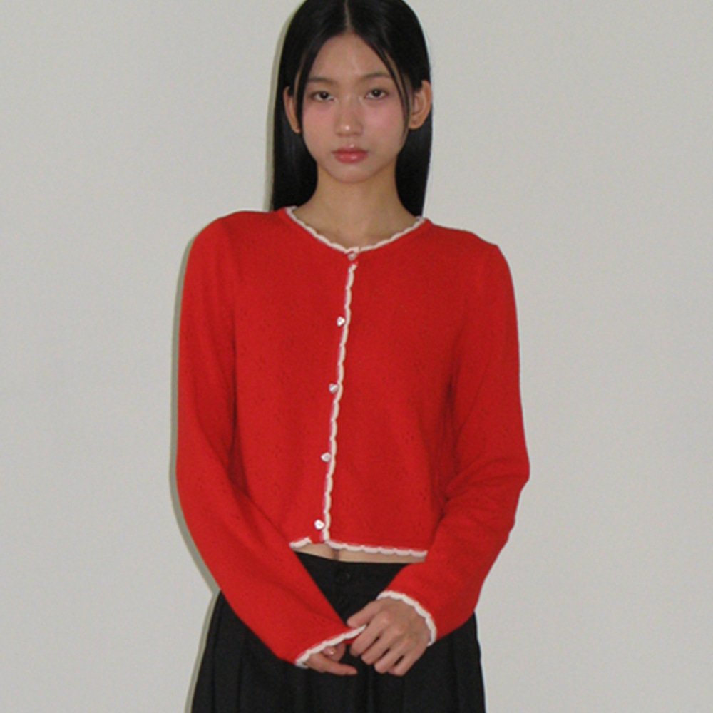 RONRON HEART BUTTON SCOTCH KNIT CARDIGAN RED | Everuts